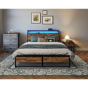 LINSY LIVING Full Size Bed Frame with Headboard, Fast Assembly Metal Industrial Bed Frame with Lights & Charging, 14 inch Full Bed Frame with Storage, No Box Spring Needed, Rustic Brown
