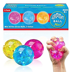Power Your Fun Arggh Glitter Mini Stress Balls for Adults and Kids - 3pk Squishy Stress Ball Fidget Toys, Sensory Toys and Stress Relief Mini Squishy Toys Squeeze Ball Toy (Yellow, Pink, Blue)