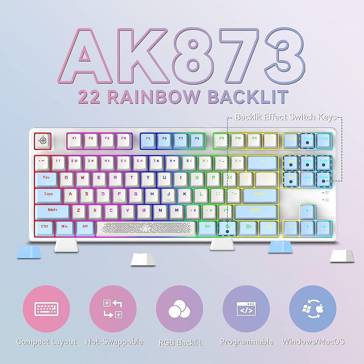 A.JAZZ AK873 Wired 87 Key TKL Mechanical Gaming Keyboard with Rainbow Backlit Hot-swap Tactile Blue Switch NKRO Gasket Ergonomic Cloud Wrist Rest Custom Coiled Aviator Cable for PC/Mac (Blue White)