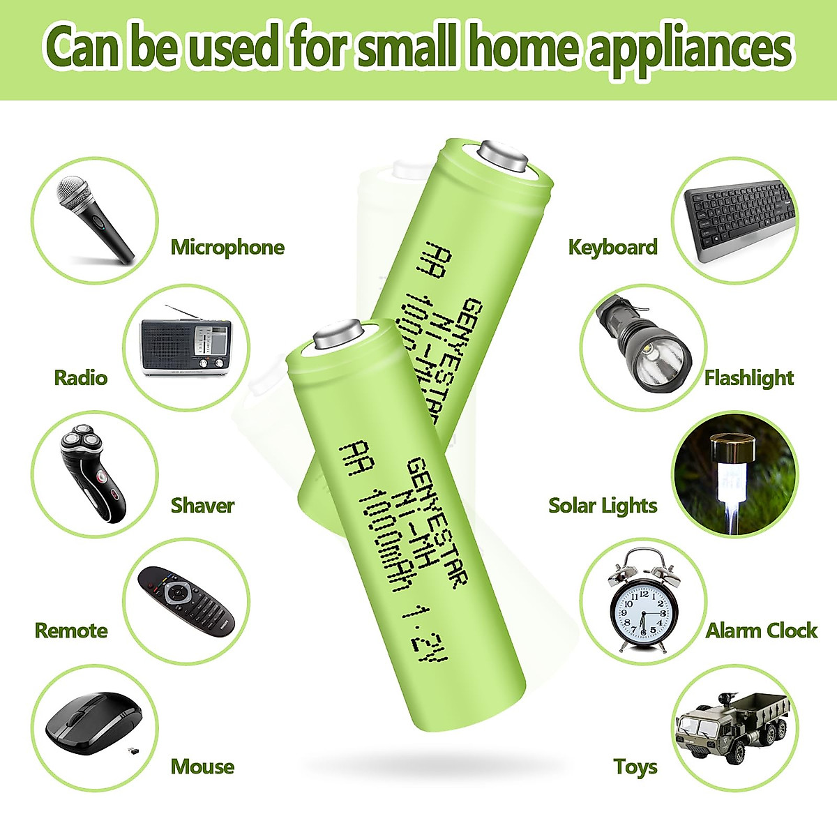 GENYESTAR Solar Lights AA Rechargeable Batteries 1000mah High Capacity 1.2V Ni-MH AA Battery for Outdoor Lights, String Lights, TV Remotes, Wireless Mouses, Flashlight, 8 Pack