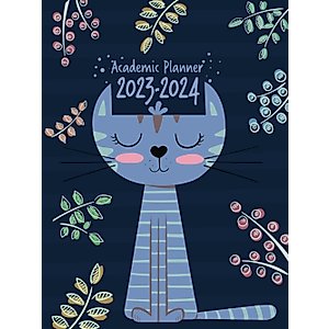 Academic Planner 2023-2024 Large | Cute Blue Cat Teacher: July - June | Weekly & Monthly | US Federal Holidays and Moon Phases