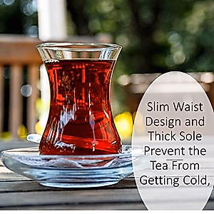 UMS Turkish Tea Glass Set - Slim Waist Design and Thick Sole Prevent Tea From Getting Cold, Easy to Keep for 6 People, 6 Saucers, 6 Glasses, Useful Tea Set (12 Pieces)