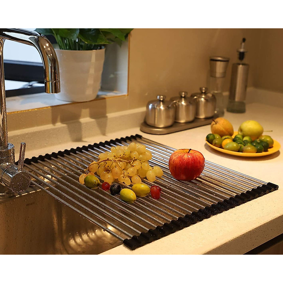 SHUYUE Roll Up Dish Drying Rack Over The Sink Dish Drying Rack Portable Stainless Steel Rolling Rack Kitchen Rolling Dish Drainer Sink Rack Mat Dish Racks for Kitchen Sink Counter (Black)