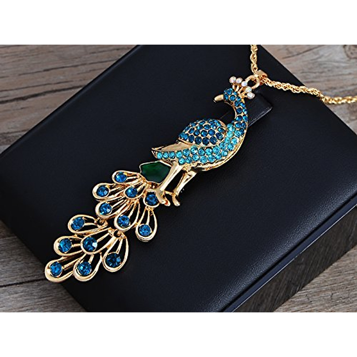Alilang Golden Tone Blue Green Colored Rhinestone Peacock Bird Pendant Chain Necklace