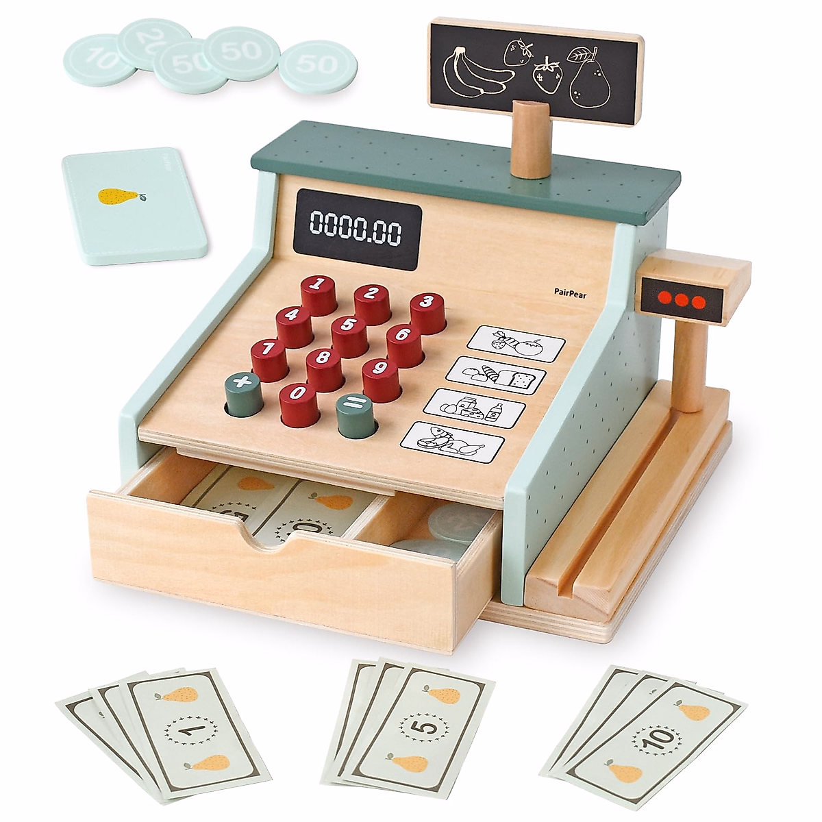 PairPear Wooden Toy Cash Register,Kids Pretend Play Money Counting Toys with Scanner and Credit Card,Toddler Cashier Toy Grocery Play Food Accessory for Pre-School Gift Boys Girls 3+