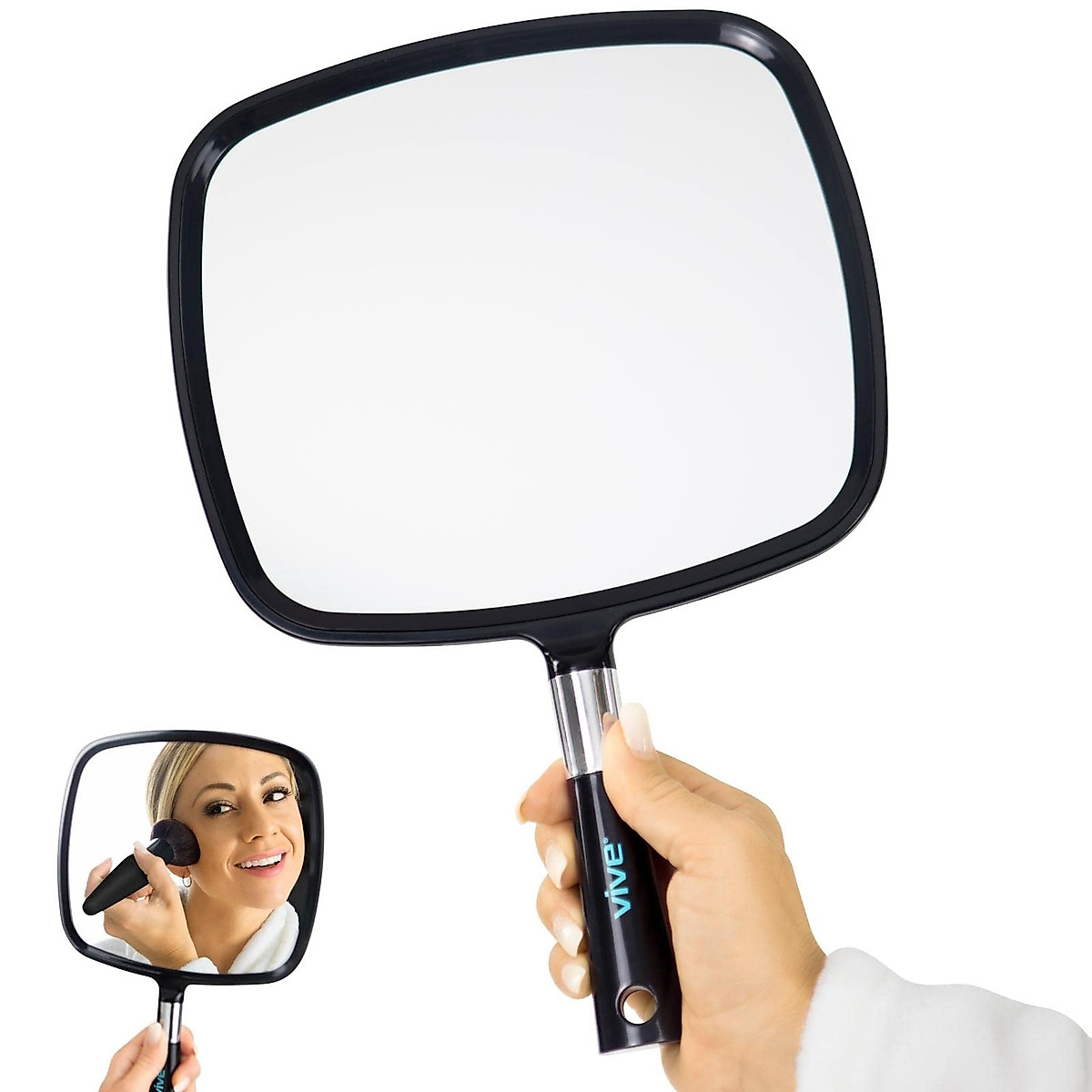 Vive Hand Mirror - Handheld Mirror with Handle - Extra Large Travel Portable Design - Makeup Mirror, Hair, Bathroom, Shaving, Barber - Vanity for Women, Men with Paddle Handle - Black Plastic Tool