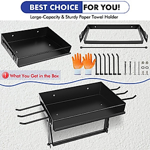 Garage Paper Towel Holder with Shelf, Premium Metal Paper Towel Holder Wall Mount with 6 Hooks, One-Hand Tear, Garage Organization and Storage, Heavy Duty Holds 50 lbs,The Perfect Quick Clean Station