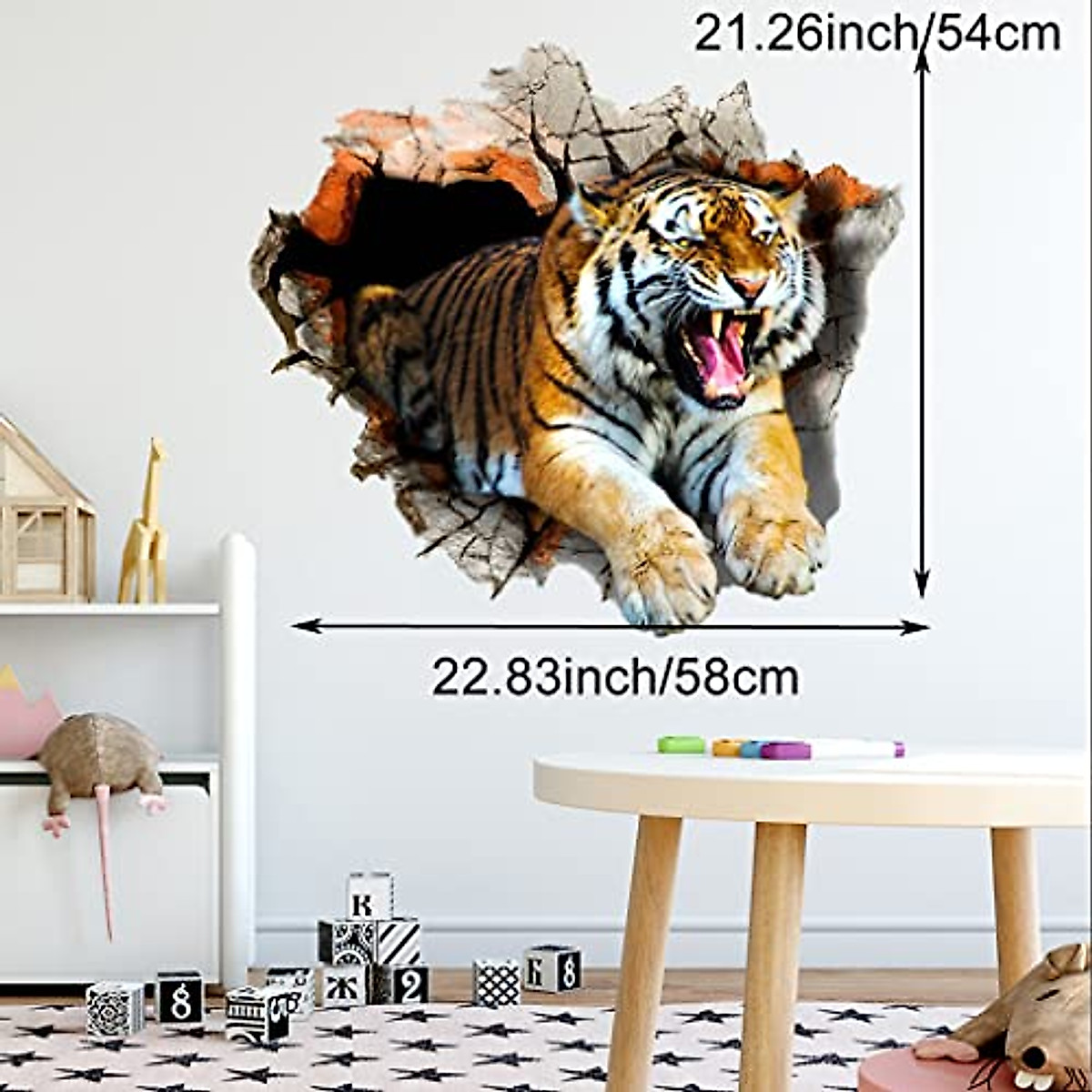 Pinenjoy 3D Tiger Wall Decal Smashed Wild Animal Wall Sticker 23.62x23.62inch Removable Self-Adhesive Vinyl Jungle Animal Wall Mural for Nursery Playroom Kids Room Bedroom Wall Decors
