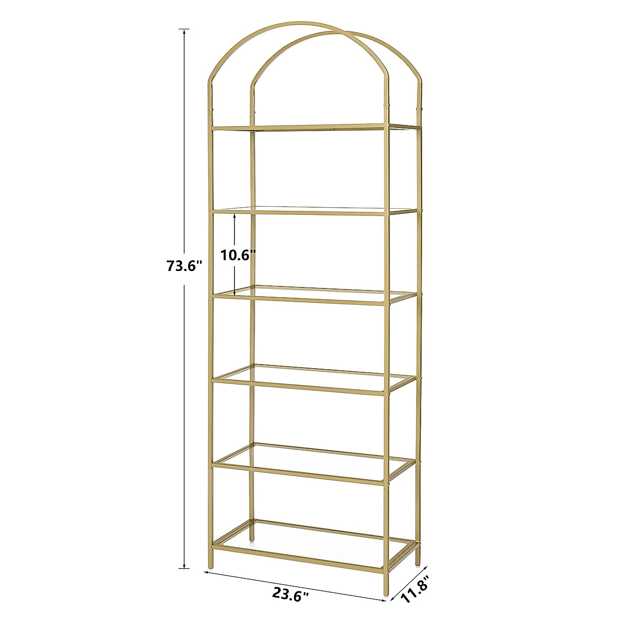 Homhedy 6-Tier Bookshelf Arched Display Racks, Metal Bookcase, Tempered Glass Shelves, Storage Rack Shelf for Home Office, Living Room, Bedroom, Bathroom, Modern Style, Golden