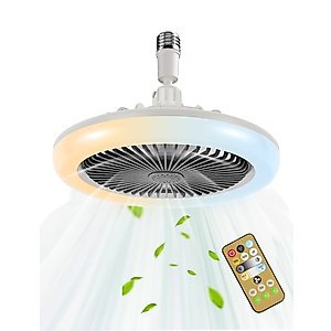 PANLAVIE Enclosed Ceiling Fan with Light and Remote, 10 Inch Screw in Fan Light Mini Bladeless Ceiling Fans, 3 Fan Speeds Dimmable 3 Light Colors for Garage Tool Room Hallway, No Wiring Required
