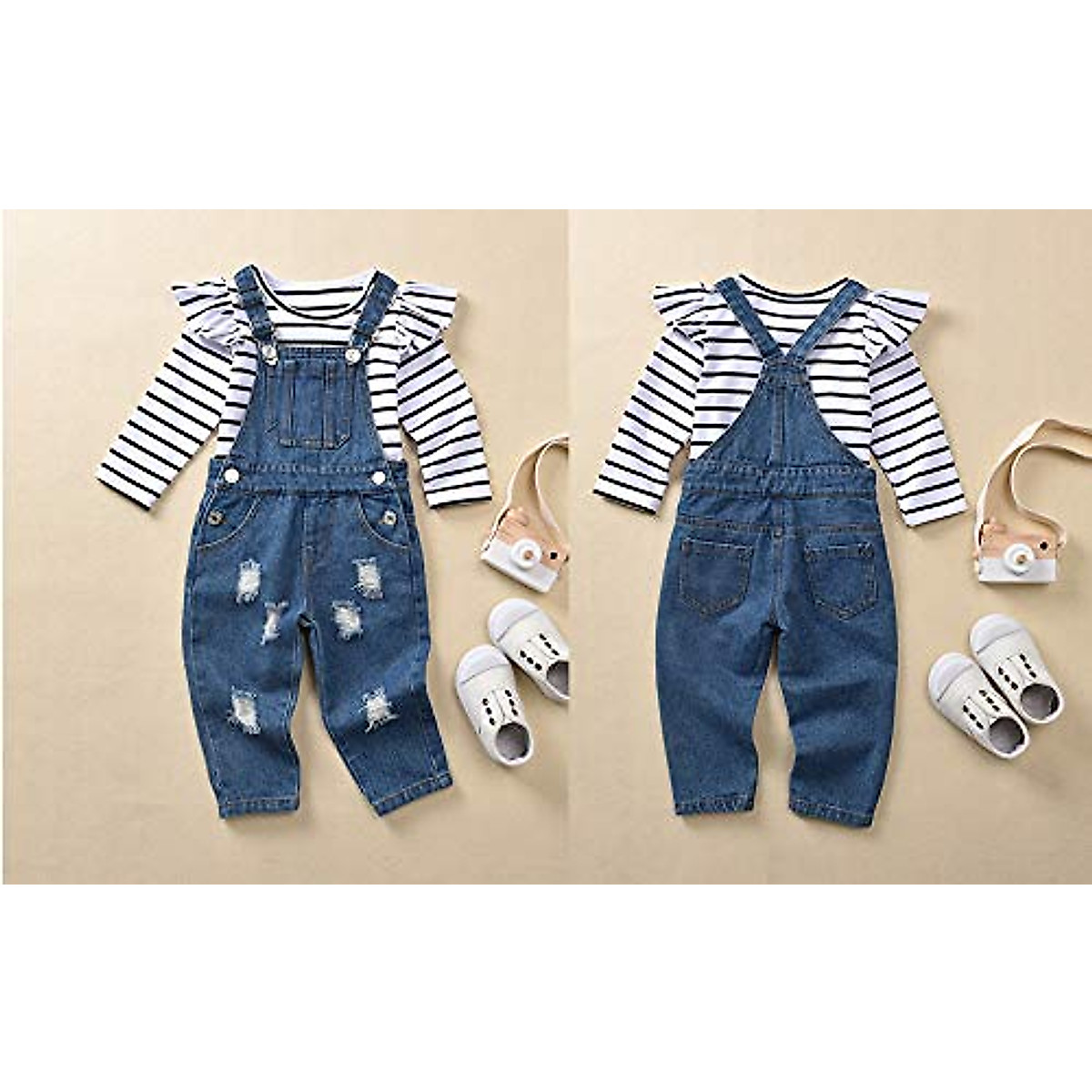 HINTINA 2PCS Baby Girls Clothes Toddler Jumpsuit Rompers Adjustable Overalls Set