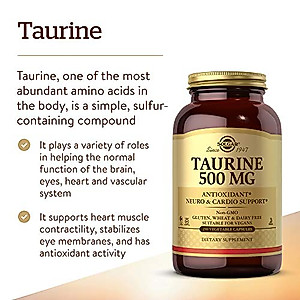 Solgar Taurine 500 mg, 250 Vegetable Capsules - Antioxidant - Brain & Heart Health - Amino Acid - Vegan, Gluten Free, Dairy Free, Kosher, Halal - 250 Servings