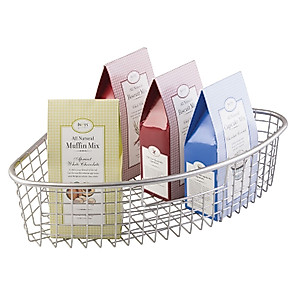 mDesign Farmhouse Metal Kitchen Cabinet Lazy Susan Storage Organizer Basket with Front Handle - Large Pie-Shaped 1/4 Wedge, 4.4" Deep Container - 4 Pack - Satin