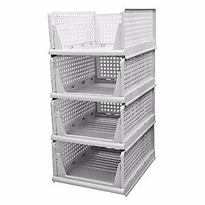 Hotwheel Stackable Plastic Storage Basket, Bins Set of 4, Foldable Closet Bins, Organizers and, natural