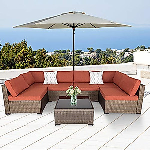7 Pieces Outdoor Patio Sectional Sofa Set,Brown Wicker Furniture Set, Washable Seat Cushions with Zippers and Tempered Glass Table, Maple Red Cushion