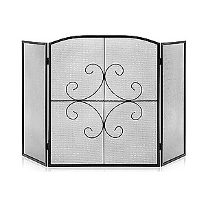 Gtongoko 3 Panel Fireplace Screen 48" W x 29" H Wrought Iron Decorative Fire Spark Guard Grate for Living Room Home Decor - Black