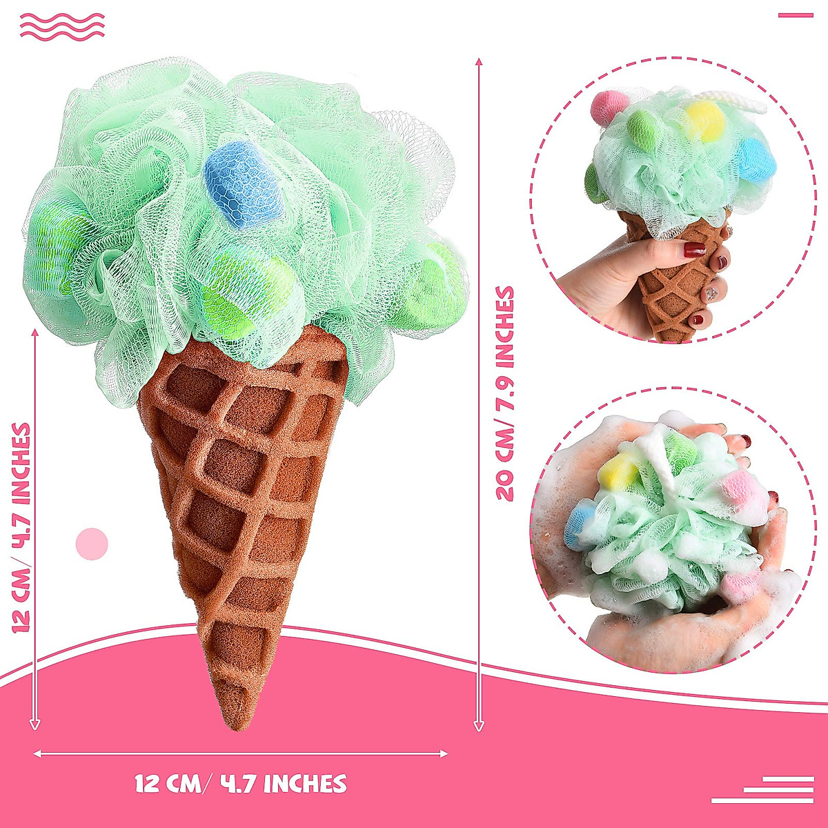 Geiserailie 4 Pieces Kids Loofah Ice Cream Cone Bath Sponge Kids Bath Shower Sponge Body Scrubber Exfoliating Loofah for Spa Shower