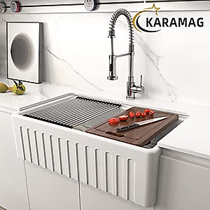 KARAMAG 33 Inch Workstation Farmhouse Kitchen Sink with Accessories, Reversible Apron-Front Single Bowl Kitchen Sink Ceramic White Farm Sinks Undermount For Kitchens