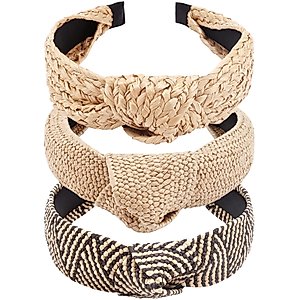 TOBATOBA Straw Headband for Women, 3Pcs Top Knot Headband, Summer Beach Headbands, Raffia / Rattan Headband, Boho Woven Headband No Slip