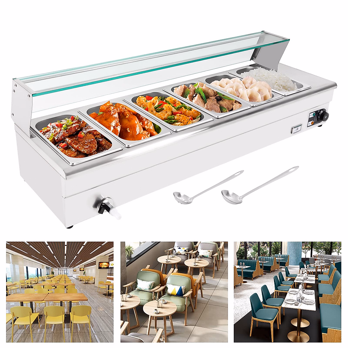 110V Bain Marie Food Warmer 6 Pan x 1/3 GN Food Grade Stainelss Steel Commercial Food Steam Table 6-Inch Deep 1200W Electric Countertop Food Warmer 19 Quart with Tempered Glass Shield, Pans, Lids