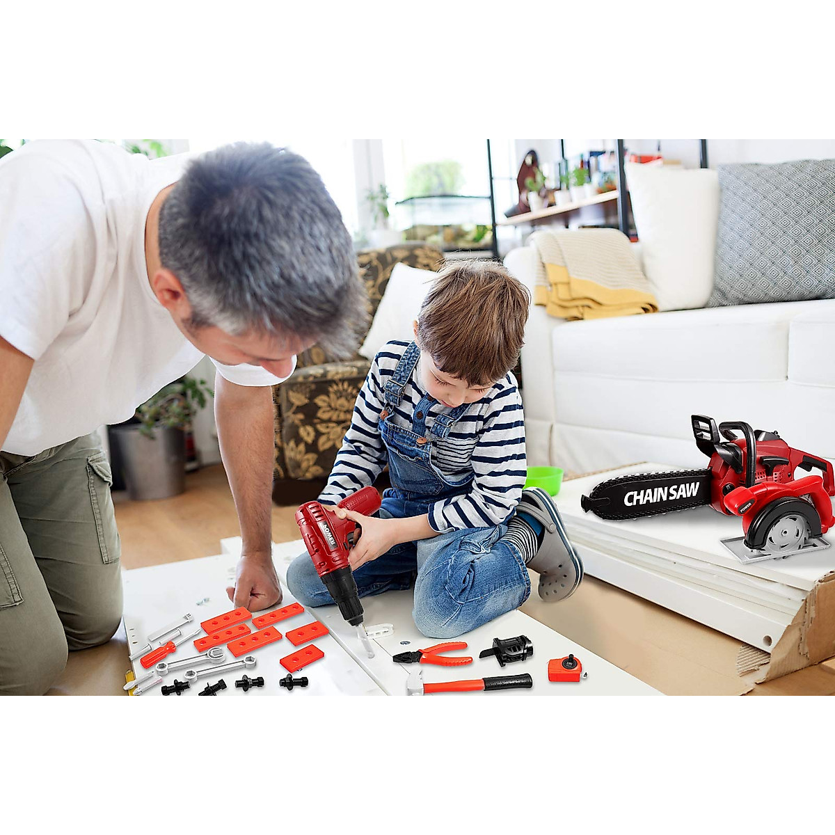 Awefrank Kids Tool Set 36 PCS, Toddler Tool Set with Toy Chainsaw Electronic Toy Drill with Realistic Sounds, Pretend Play Kids Tool Box, Power Tools Kit for Toddlers Boys Girls 3+