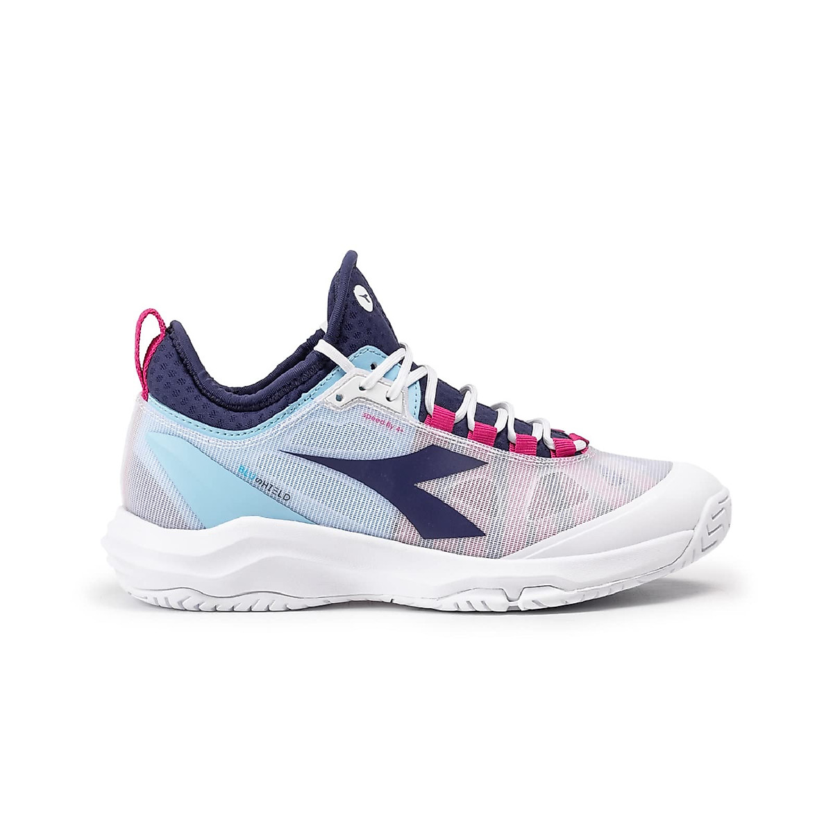 Diadora Women's Speed Blushield Fly 4+ All Ground Tennis Shoe (White/Blueprint/Pink Yarrow, 7.0)