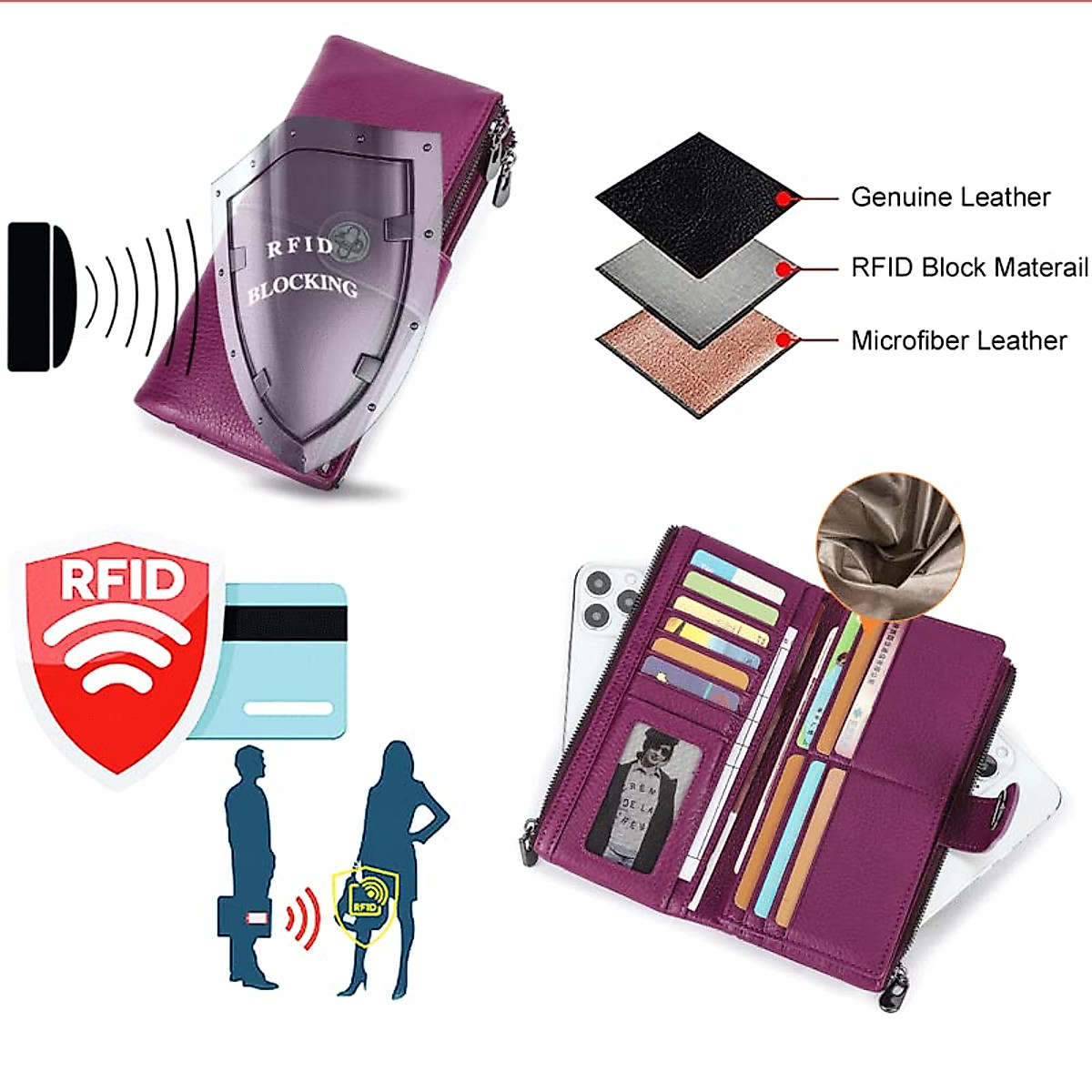 Leather three-layer womens wallet, mobile phone bag, long buckle leather wallet, certificate bag and zero wallet