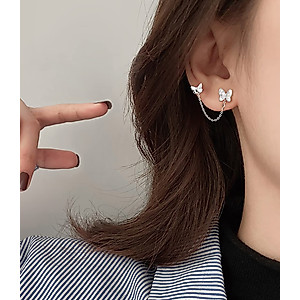 Reffeer 925 Sterling Silver Double Holes CZ Butterfly Chain Stud Earrings Two Butterfly Cuff Climber Earrings for Women Teen (Silver)