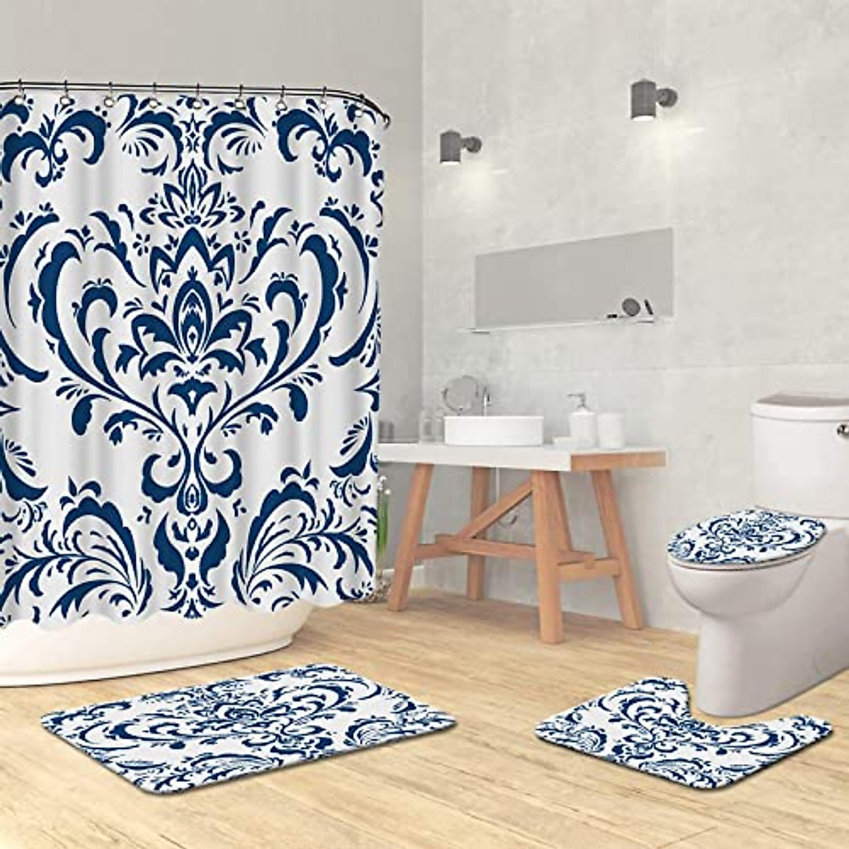 RyounoArt 4Pcs Damask Print Shower Curtain Sets with Non-Slip Rugs Toilet Lid Cover and Bath Mat Navy Blue Floral Paisley Shower Curtain Indigo Abstract Flowers Boho Style Bathroom Decor