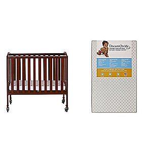 Dream On Me 2 in 1 Folding Birch Portable Crib with Dream On Me 3 Portable Crib Mattress, White