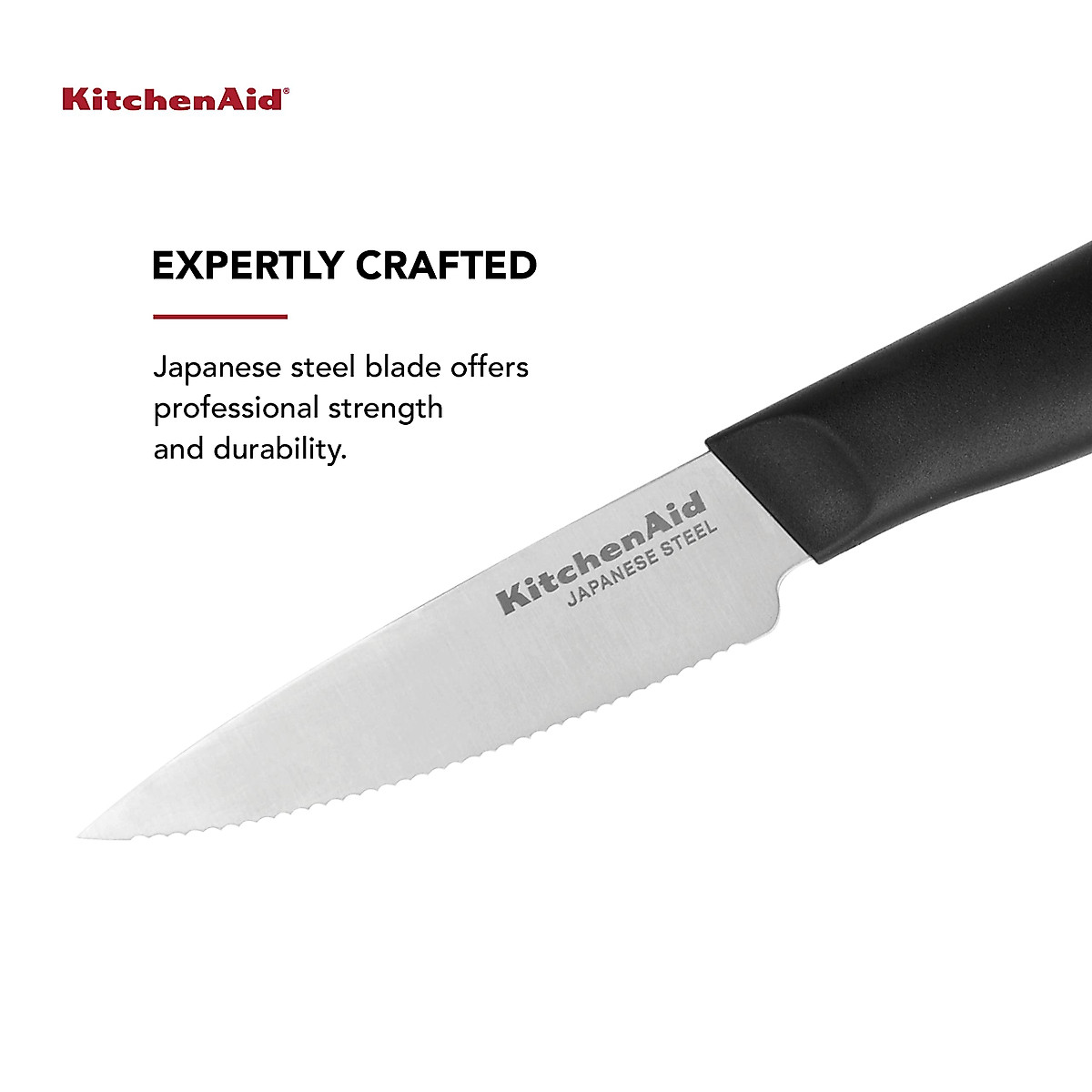 KitchenAid Classic Serrated Paring Knife with Custom-Fit Blade Cover, 3.5-inch, Sharp Kitchen Knife, High-Carbon Japanese Stainless Steel Blade, Black