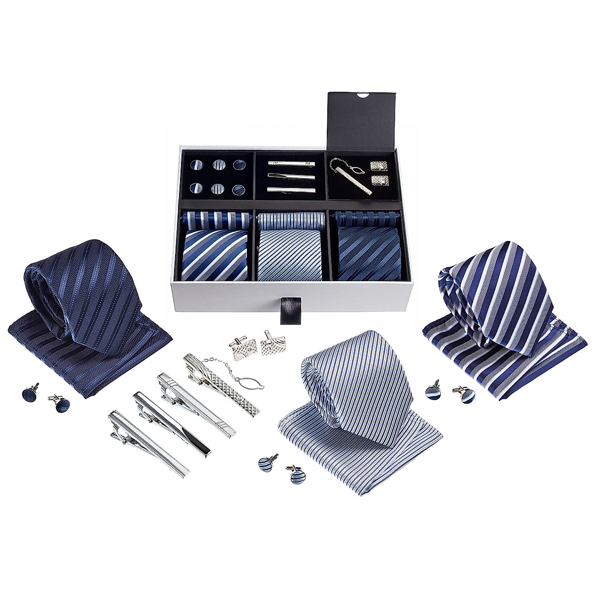Premium Men’s Gift Tie Set Silky Necktie Pocket Squares Tie Clips Cufflinks For Men