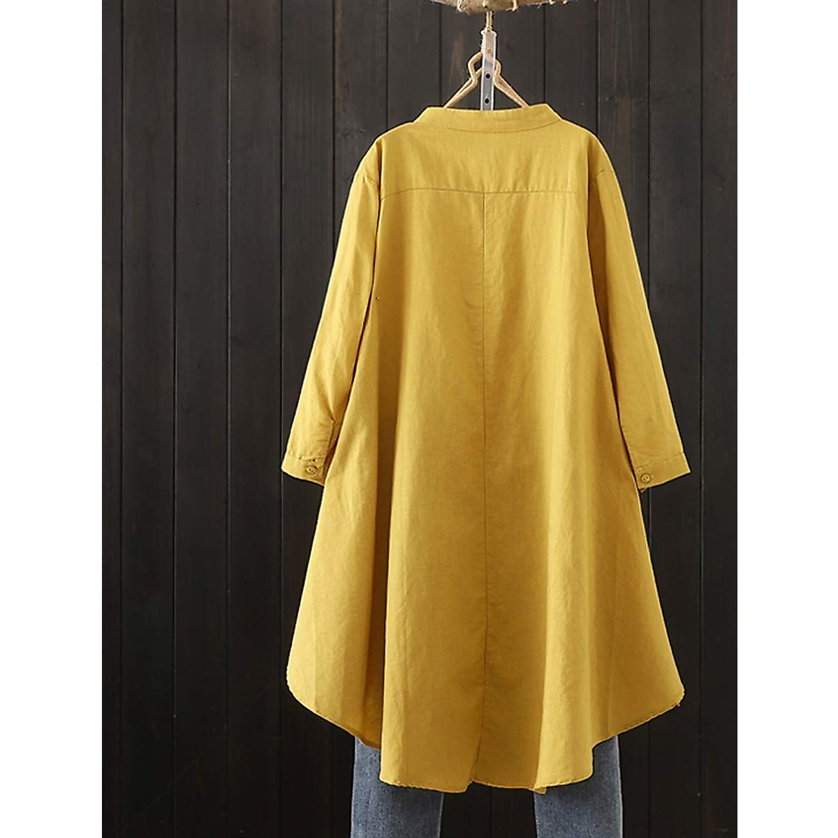 Minibee Women's Cotton Linen Shirt High Low Button Down Embroidered Blouse Long Sleeve Tunic Tops With Pocket Yellow 2XL