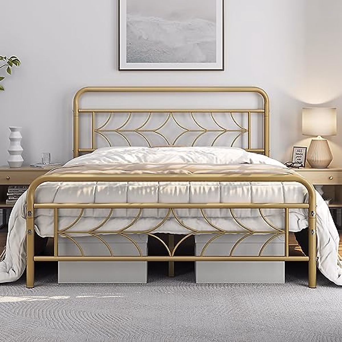 Yaheetech Full Size Bed Frame Metal Platform Bed with Sparkling Star-Inspired Design Headboard, 13 Inch Underbed Storage, No Box Spring Needed, Easy Assembly, Modern, Antique Gold