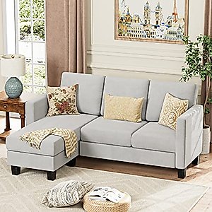 YESHOMY Convertible Sectional Small Sofa L-Shaped Couch Seat with Modern Linen Fabric, for Living Room, Apartment,Study and Office, 70", Light Gray