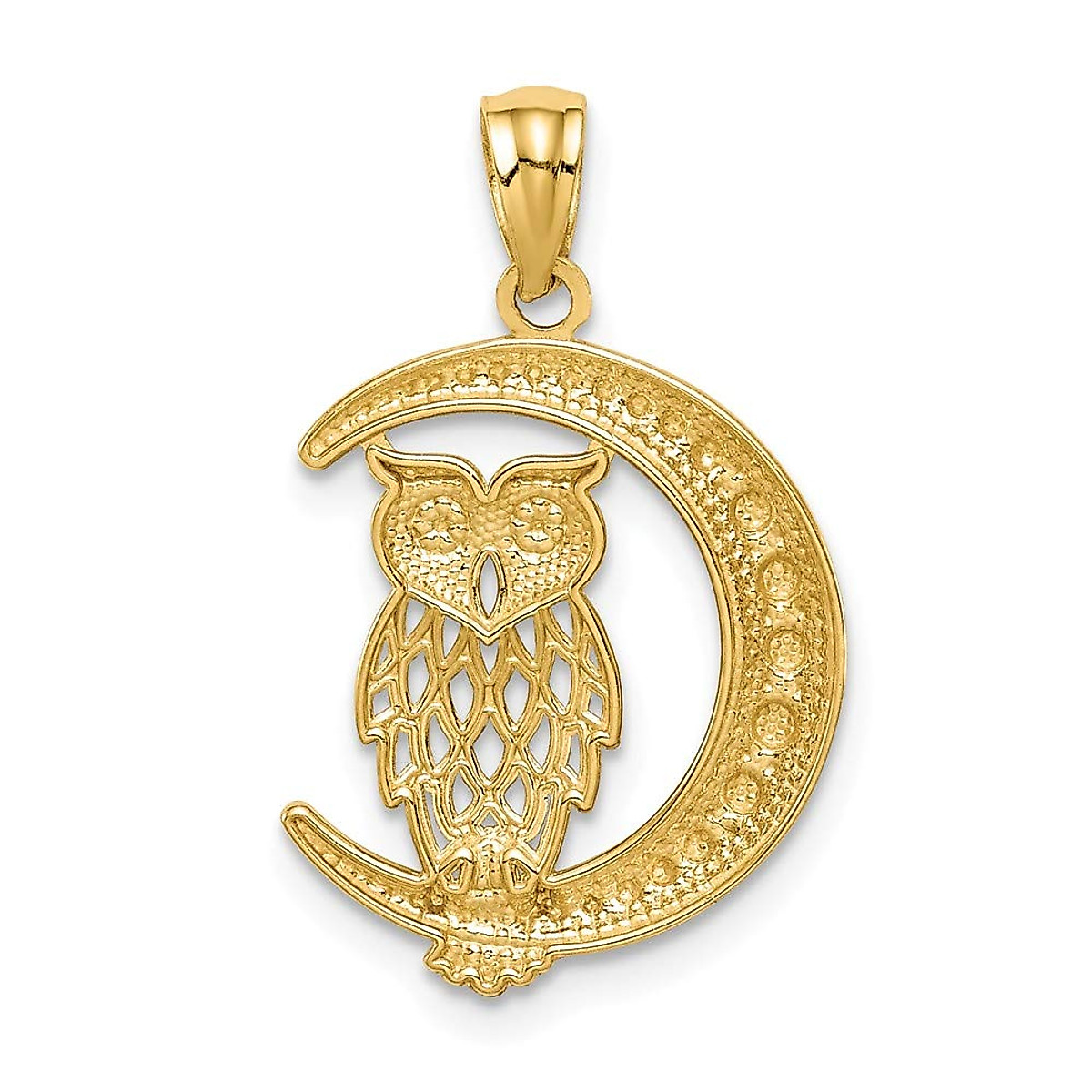 Solid 14k Yellow Gold Two Toned Diamond-Cut Owl on the Moon Pendant Charm