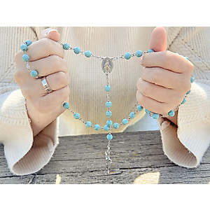 Nazareth Store Sky Blue Marble Stone Beads Rosary Turquoise Beaded Necklace Catholic Miraculous Medal & Jesus Cross