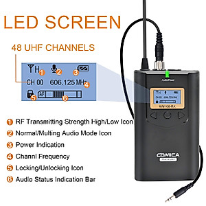 Wireless Lavalier Microphone System, Comica CVM-WM100 UHF 48 Channels Professional Wireless Microphone Compatible with Canon Nikon Sony Panasonic DSLR Cameras,XLR Camcorder,Smartphone etc.