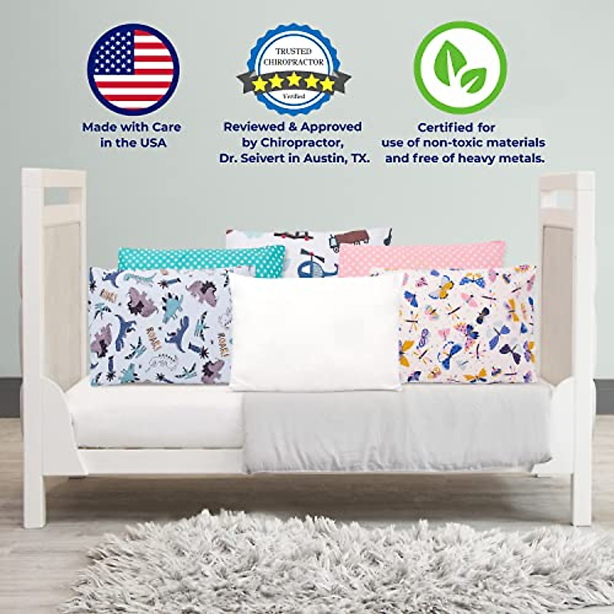 Dreamtown Kids Toddler Pillow & Pillowcase, Hypoallergenic & Made in USA. Ideal for Crib, Bed & Travel. Soft & Breathable for Safe, Cozy Sleep. Perfect for Boys and Girls - Ages 2+,White