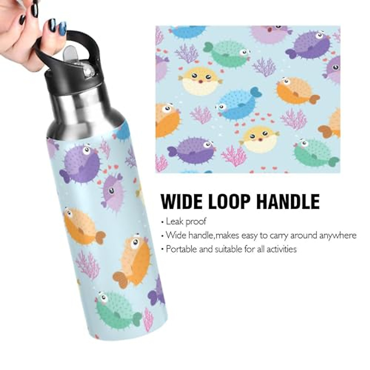 Dussdil Pufferfish Coral Hearts Water Bottle Kid's Vacuum Insulated Tumblers Stainless Steel Cup BPA Free with Handle Straw Lid for Boys Girls Gifts 34 Oz