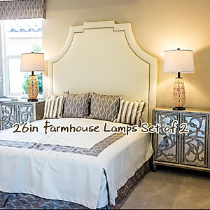 TUUANA 26in Rattan Table Lamps Set of 2 with USB Charging Ports, Farmhouse Wicker Lamps for Living Room End Table, Coastal Lamps for Bedroom Bedside Nightstand, 2 LED Bulbs & 2 Nightlights Included