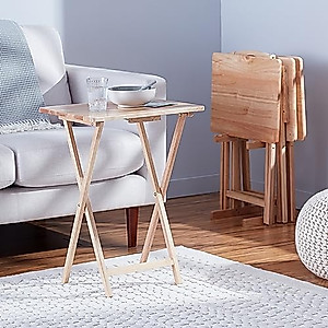 Amazon Basics Classic Portable TV Dinner Rectangular Folding Tray Table with Storage Rack, Natural - Set of 4 Trays, 15"D x 19"W x 26"H