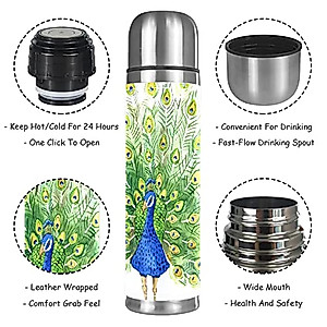 Watercolor Style Peacock Stainless Steel Water Bottle Leak-Proof, Double Walled Vacuum Insulated Flask Thermos Cup Travel Mug 17 OZ