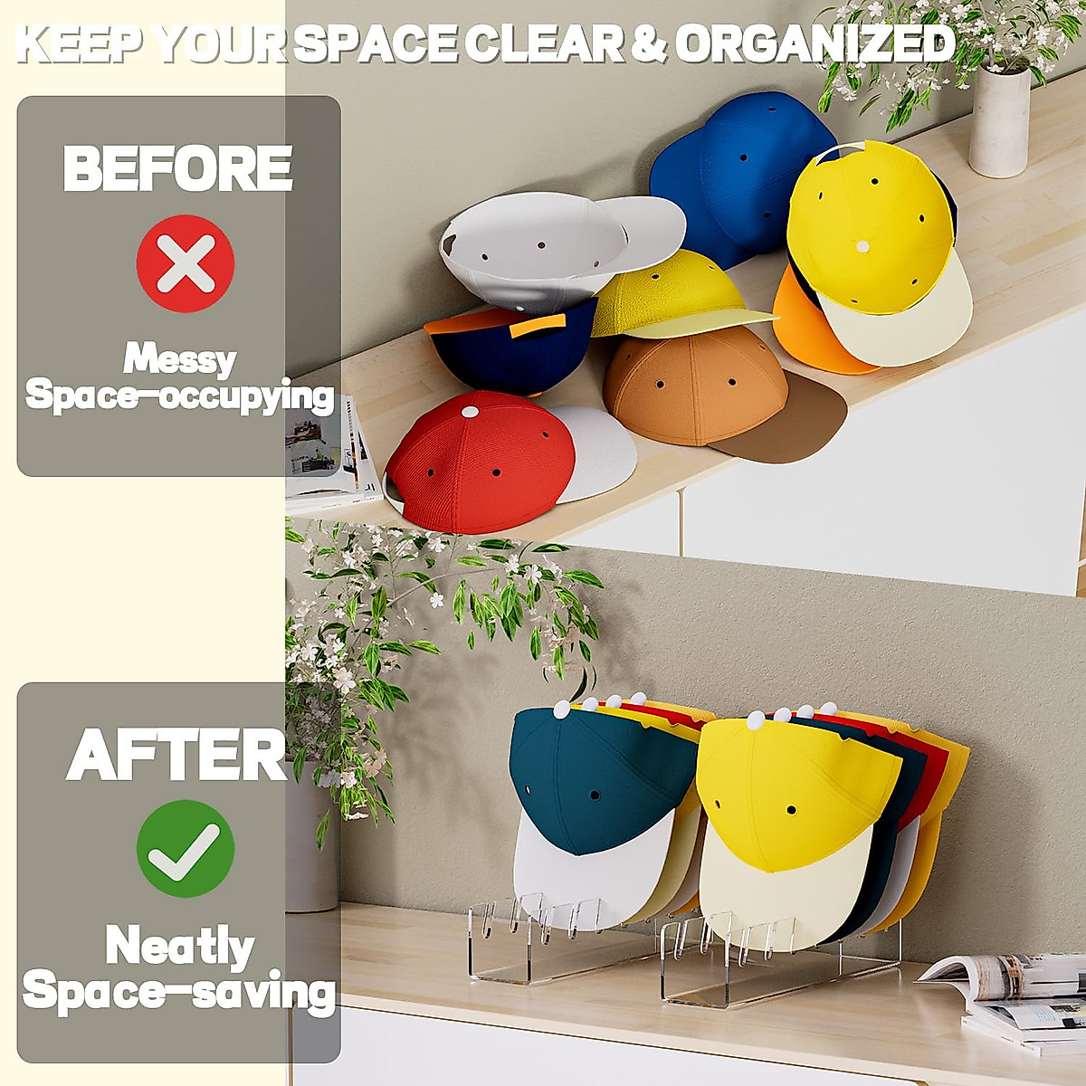 ACTBIO Hat Stand for Baseball Caps, 2 Pcs No Install Acrylic Hat Organizer for 14 Baseball Caps, Hat Holder Hat Storage Hat Display Baseball Cap Rack for Bedroom, Closet, Dresser, Office (Clear)