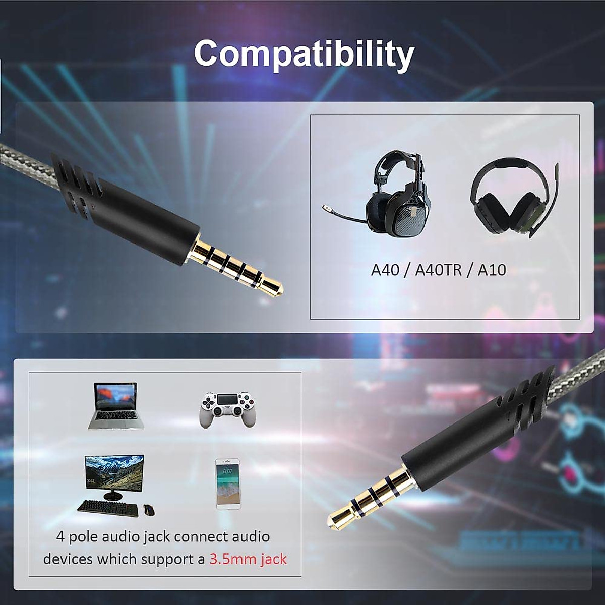 QJYTH Replacement A40 Cord Compatible with Astro A40 Headset, A40 Inline Mute Audio Cable for Astro A10/A40/A40TR Gaming Headset, Compatible with PS5/PS4 Controller(6.5 Feet, Gray)