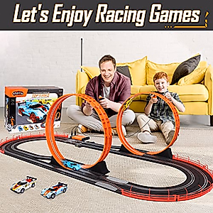 Electric Slot Car Race Track Sets for Boys 6+ Year Old, 4 Slot Cars 1:43 Scale with Headlights, 2 Loops, Lap Counter, 2 Controllers, Dual Racing 2 Player Game, Gifts Toys for Boy Kids Age 6 7 8-12