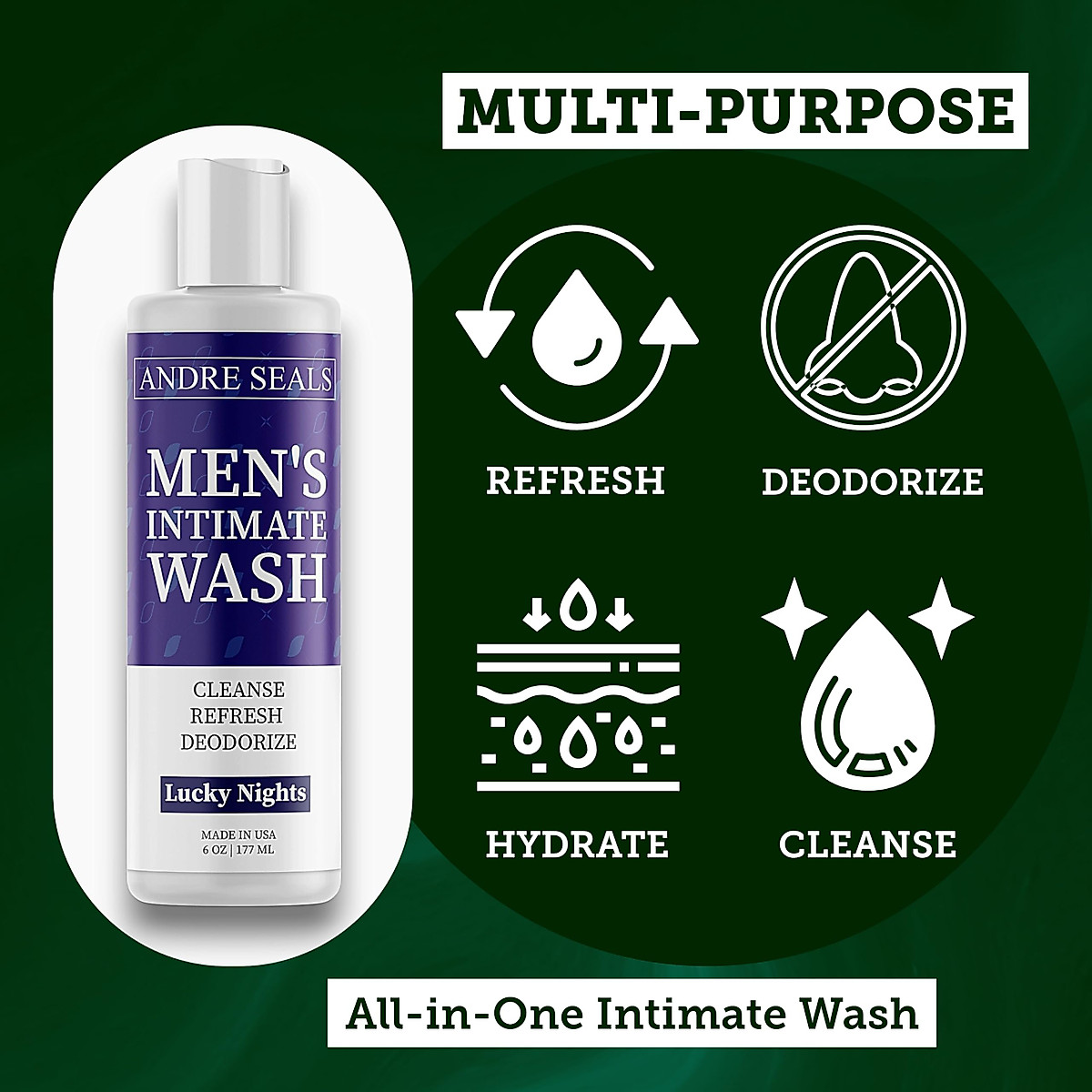 Andre Seals Intimate Wash for Men, Lucky Nights Scent – Refreshing Genital Care & Odor Control, Ball Wash For Men, Ensures Day-Long Freshness, I Rich Lather Formula | Men's Hygiene
