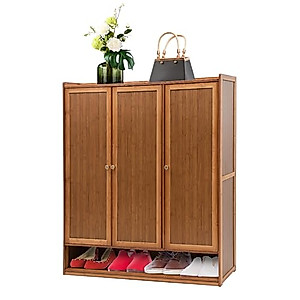 HaroldDol Bamboo Shoe Storage Cabinet with 3 Doors, Shoe Floor Storage Organizer Rack for 30 Pairs Entryway Hallway, 35.4 * 12.6 * 42.1in