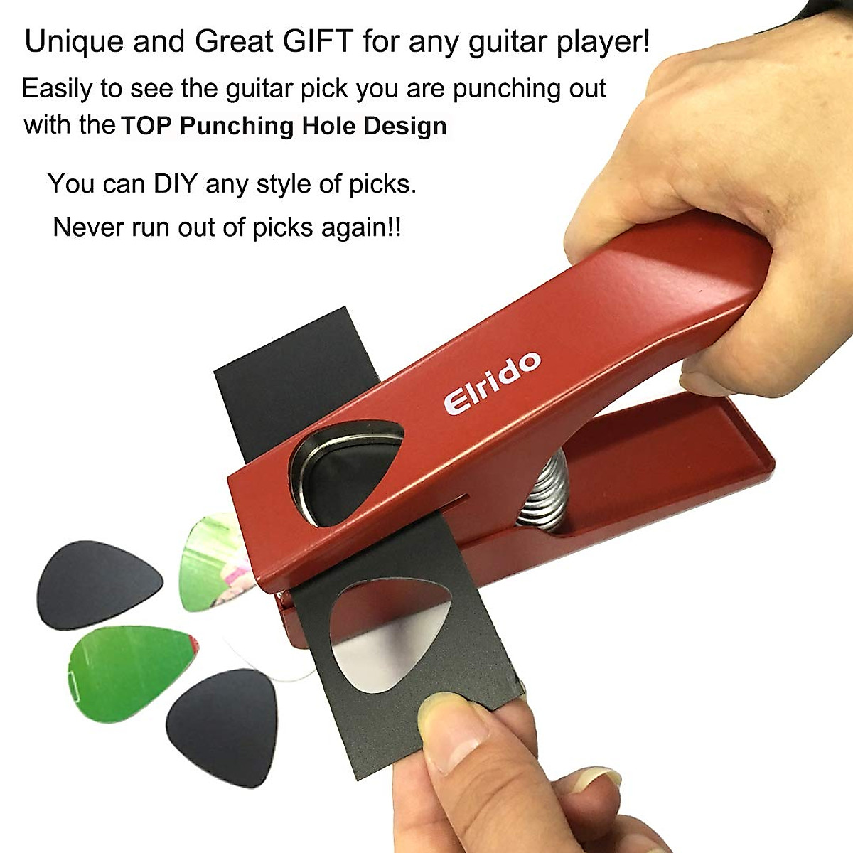 Elrido DIY Guitar Picks Punch Pick Maker to Make Your Endless Guitar Picks Puncher Tool Kit, 2 Pick Strips Sheet, Leather Key Chain Picks Holder - Guitar Picks Punch Tool Guitar Picks Cutter (Red)