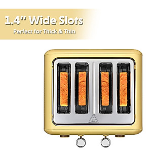 BUYDEEM DT640 4-Slice Toaster, Extra Wide Slots, Retro Stainless Steel with High Lift Lever, Bagel and Muffin Function, Removal Crumb Tray, 7-Shade Settings,Mellow Yellow